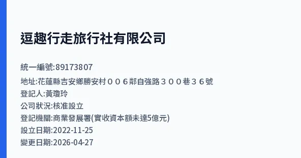 逗趣行走旅行社有限公司的照片-統編 89173807(花蓮縣) 公司登記資料與營業項目詳細圖表