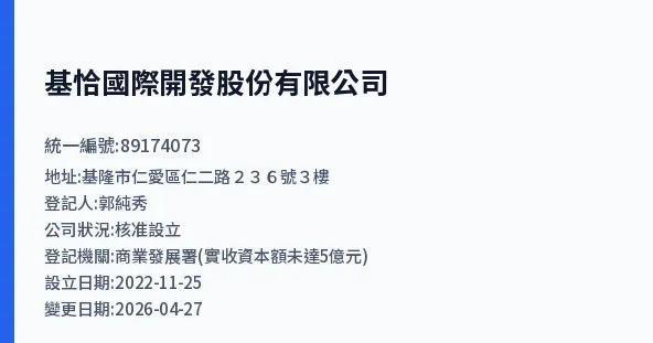 基恰國際開發股份有限公司的照片-統編 89174073(基隆市) 公司登記資料與營業項目詳細圖表