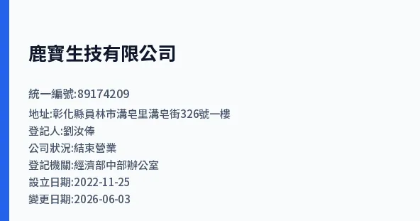 鹿寶生技有限公司的照片-統編 89174209(彰化縣) 公司登記資料與營業項目詳細圖表