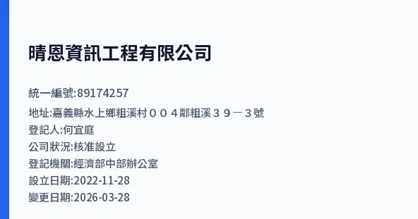 晴恩資訊工程有限公司的照片-統編 89174257(嘉義縣) 公司登記資料與營業項目詳細圖表