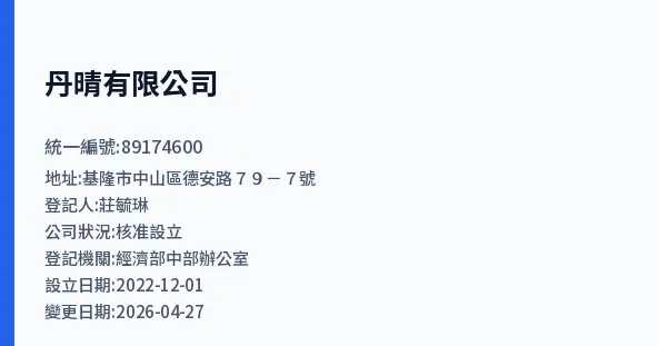 丹晴有限公司的照片-統編 89174600(基隆市) 公司登記資料與營業項目詳細圖表