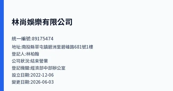 林尚娛樂有限公司的照片-統編 89175474(南投縣) 公司登記資料與營業項目詳細圖表