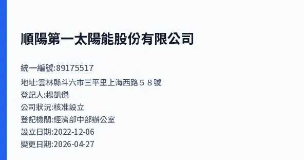 順陽第一太陽能股份有限公司的照片-統編 89175517(雲林縣) 公司登記資料與營業項目詳細圖表