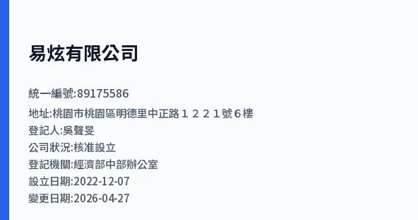 易炫有限公司的照片-統編 89175586(桃園市) 公司登記資料與營業項目詳細圖表
