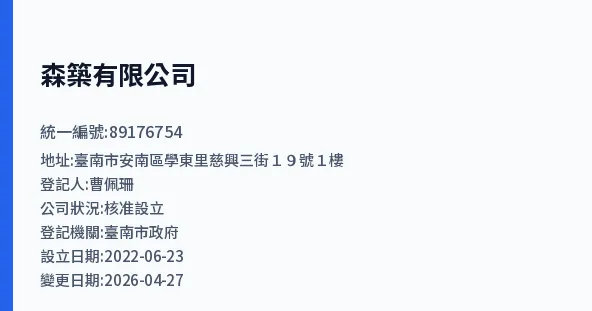 森築有限公司的照片-統編 89176754(臺南市) 公司登記資料與營業項目詳細圖表
