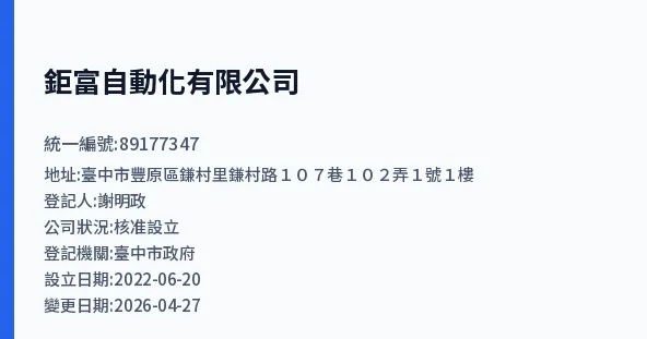 鉅富自動化有限公司的照片-統編 89177347(臺中市) 公司登記資料與營業項目詳細圖表