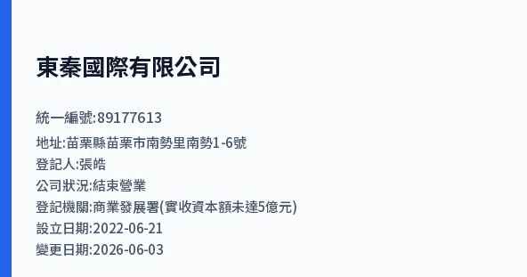 東秦國際有限公司的照片-統編 89177613(苗栗縣) 公司登記資料與營業項目詳細圖表