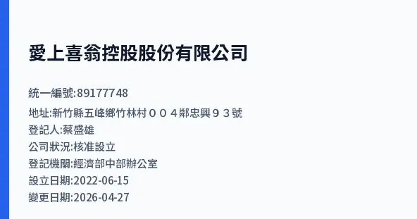 愛上喜翁控股股份有限公司的照片-統編 89177748(新竹縣) 公司登記資料與營業項目詳細圖表