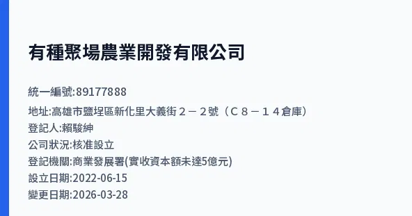 有種聚場農業開發有限公司的照片-統編 89177888(高雄市) 公司登記資料與營業項目詳細圖表