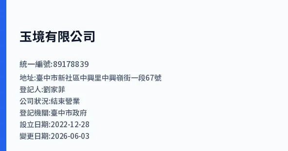 玉境有限公司的照片-統編 89178839(臺中市) 公司登記資料與營業項目詳細圖表