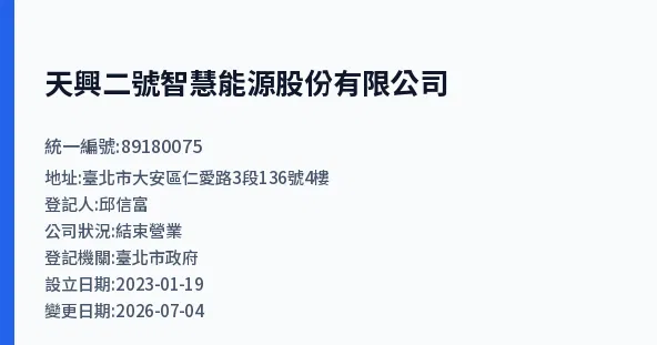 天興二號智慧能源股份有限公司的照片-統編 89180075(臺北市) 公司登記資料與營業項目詳細圖表
