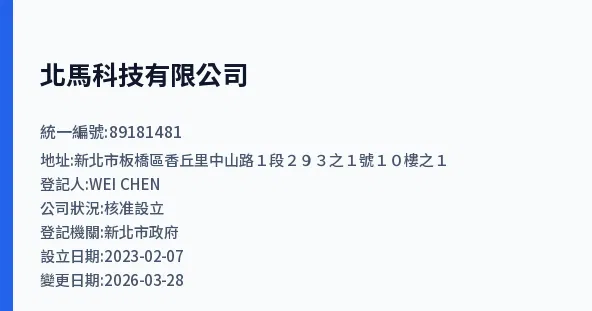 北馬科技有限公司的照片-統編 89181481(新北市) 公司登記資料與營業項目詳細圖表