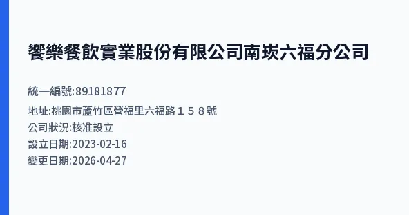 饗樂餐飲實業股份有限公司南崁六福分公司的照片-統編 89181877(桃園市) 公司登記資料與營業項目詳細圖表