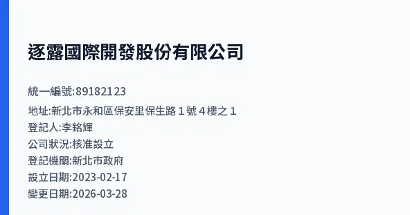 逐露國際開發股份有限公司的照片-統編 89182123(新北市) 公司登記資料與營業項目詳細圖表