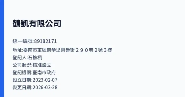 鶴凱有限公司的照片-統編 89182171(臺南市) 公司登記資料與營業項目詳細圖表