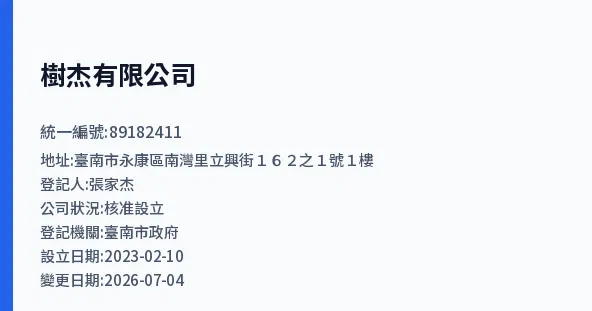 樹杰有限公司的照片-統編 89182411(臺南市) 公司登記資料與營業項目詳細圖表