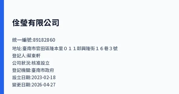 佺瑩有限公司的照片-統編 89182860(臺南市) 公司登記資料與營業項目詳細圖表