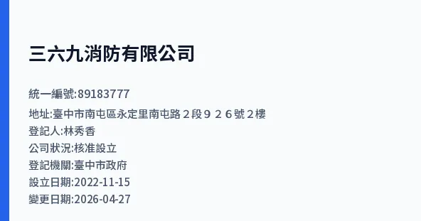 三六九消防有限公司的照片-統編 89183777(臺中市) 公司登記資料與營業項目詳細圖表