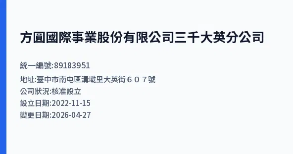 方圓國際事業股份有限公司三千大英分公司的照片-統編 89183951(臺中市) 公司登記資料與營業項目詳細圖表