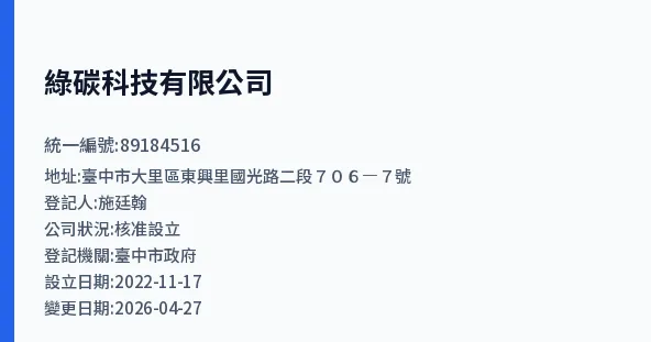 綠碳科技有限公司的照片-統編 89184516(臺中市) 公司登記資料與營業項目詳細圖表