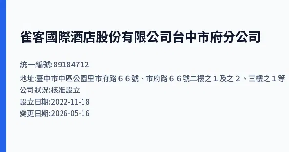 雀客國際酒店股份有限公司台中市府分公司的照片-統編 89184712(臺中市) 公司登記資料與營業項目詳細圖表