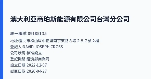 澳大利亞商珀斯能源有限公司台灣分公司的照片-統編 89185135(臺北市) 公司登記資料與營業項目詳細圖表
