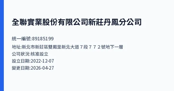 全聯實業股份有限公司新莊丹鳳分公司的照片-統編 89185199(新北市) 公司登記資料與營業項目詳細圖表