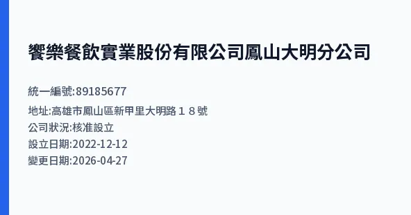 饗樂餐飲實業股份有限公司鳳山大明分公司的照片-統編 89185677(高雄市) 公司登記資料與營業項目詳細圖表