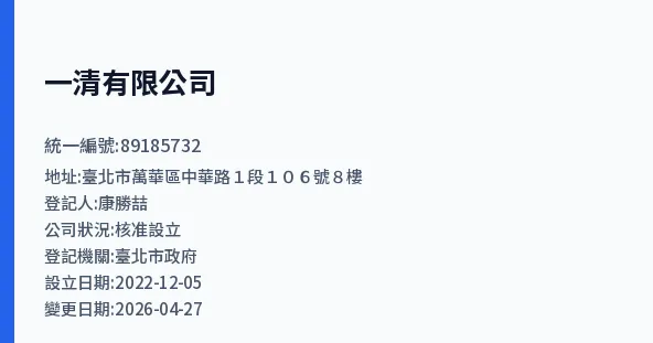 一清有限公司的照片-統編 89185732(臺北市) 公司登記資料與營業項目詳細圖表