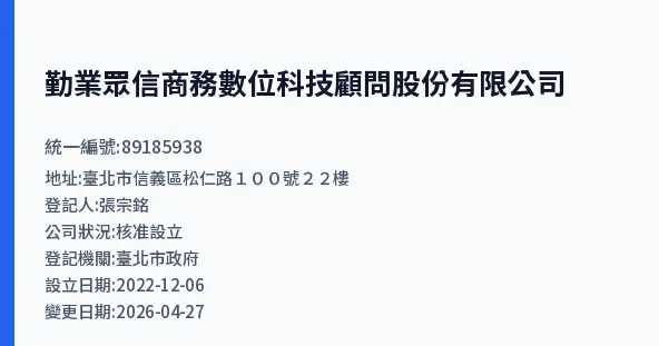 勤業眾信商務數位科技顧問股份有限公司的照片-統編 89185938(臺北市) 公司登記資料與營業項目詳細圖表