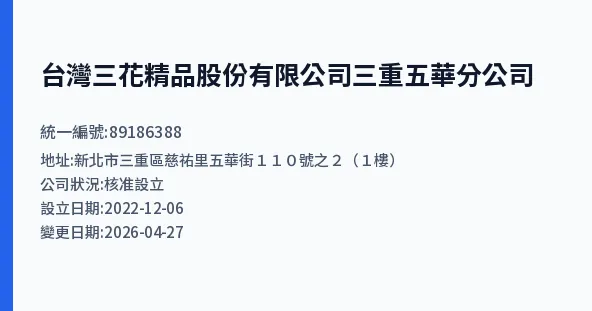 台灣三花精品股份有限公司三重五華分公司的照片-統編 89186388(新北市) 公司登記資料與營業項目詳細圖表