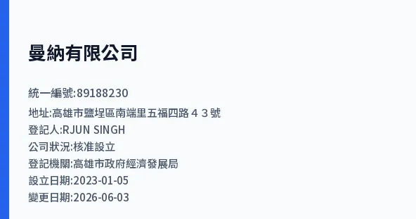 曼納有限公司的照片-統編 89188230(高雄市) 公司登記資料與營業項目詳細圖表
