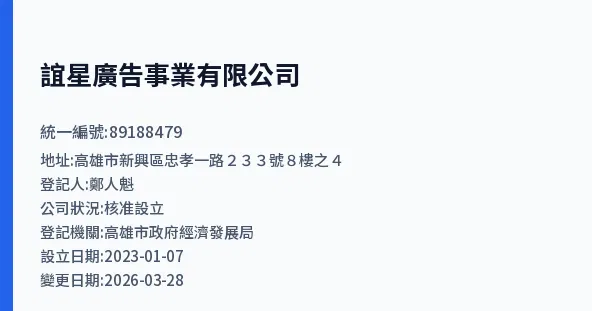 誼星廣告事業有限公司的照片-統編 89188479(高雄市) 公司登記資料與營業項目詳細圖表