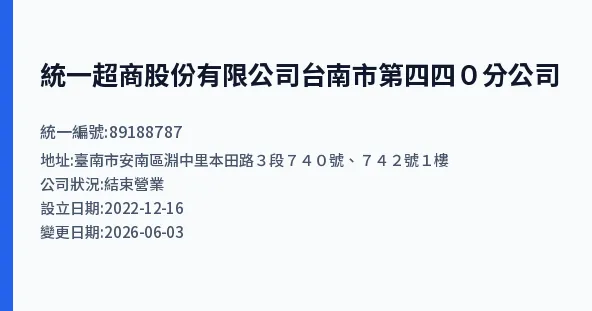 統一超商股份有限公司台南市第四四0分公司的照片-統編 89188787(臺南市) 公司登記資料與營業項目詳細圖表