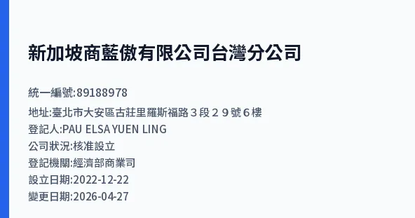 新加坡商藍傲有限公司台灣分公司的照片-統編 89188978(臺北市) 公司登記資料與營業項目詳細圖表