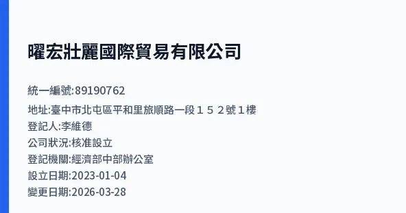 曜宏壯麗國際貿易有限公司的照片-統編 89190762(臺中市) 公司登記資料與營業項目詳細圖表
