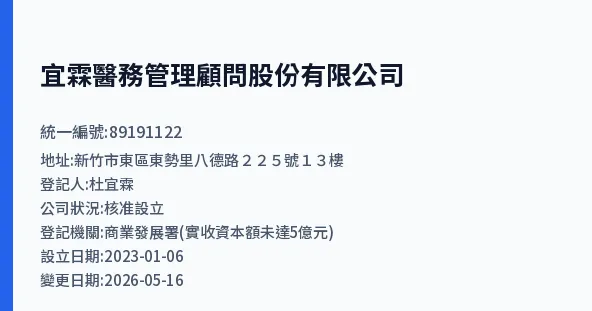 宜霖醫務管理顧問股份有限公司的照片-統編 89191122(新竹市) 公司登記資料與營業項目詳細圖表