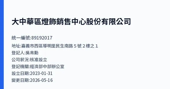大中華區燈飾銷售中心股份有限公司的照片-統編 89192017(嘉義市) 公司登記資料與營業項目詳細圖表