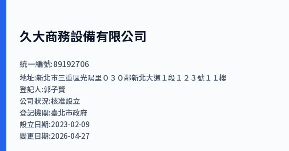 久大商務設備有限公司的照片-統編 89192706(新北市) 公司登記資料與營業項目詳細圖表