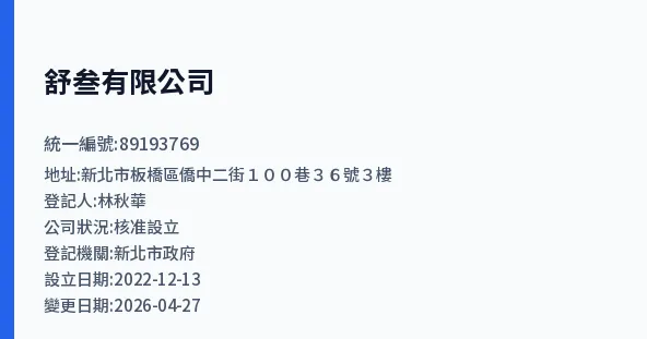 舒叁有限公司的照片-統編 89193769(新北市) 公司登記資料與營業項目詳細圖表