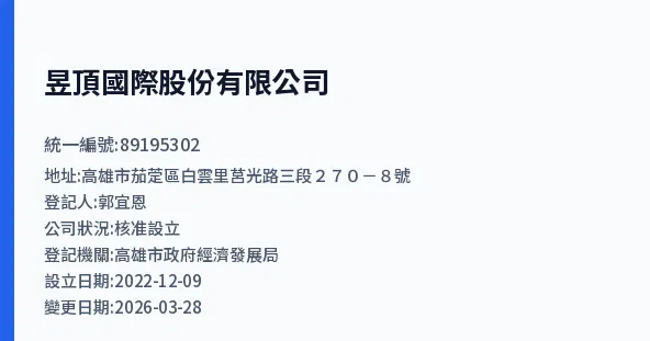 昱頂國際股份有限公司的照片-統編 89195302(高雄市) 公司登記資料與營業項目詳細圖表