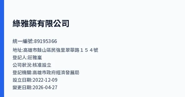 綠雅築有限公司的照片-統編 89195366(高雄市) 公司登記資料與營業項目詳細圖表