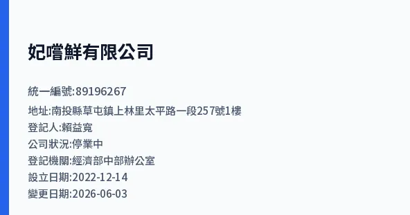 妃嚐鮮有限公司的照片-統編 89196267(南投縣) 公司登記資料與營業項目詳細圖表