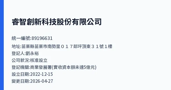 睿智創新科技股份有限公司的照片-統編 89196631(苗栗縣) 公司登記資料與營業項目詳細圖表
