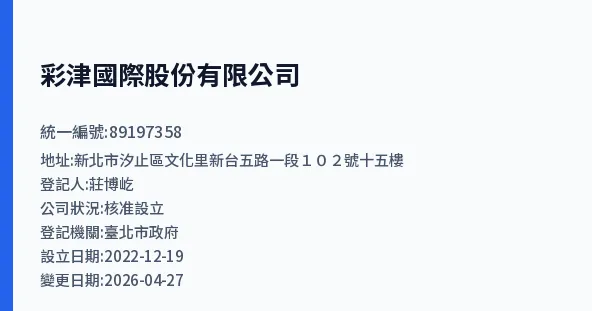 彩津國際股份有限公司的照片-統編 89197358(新北市) 公司登記資料與營業項目詳細圖表