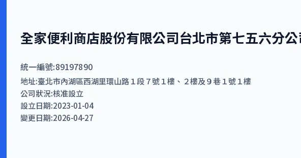 全家便利商店股份有限公司台北市第七五六分公司的照片-統編 89197890(臺北市) 公司登記資料與營業項目詳細圖表