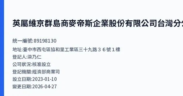 英屬維京群島商麥帝斯企業股份有限公司台灣分公司的照片-統編 89198130(臺中市) 公司登記資料與營業項目詳細圖表