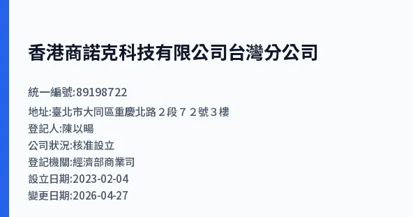 香港商諾克科技有限公司台灣分公司的照片-統編 89198722(臺北市) 公司登記資料與營業項目詳細圖表