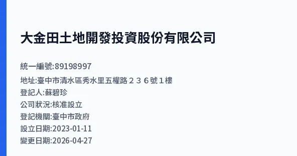大金田土地開發投資股份有限公司的照片-統編 89198997(臺中市) 公司登記資料與營業項目詳細圖表