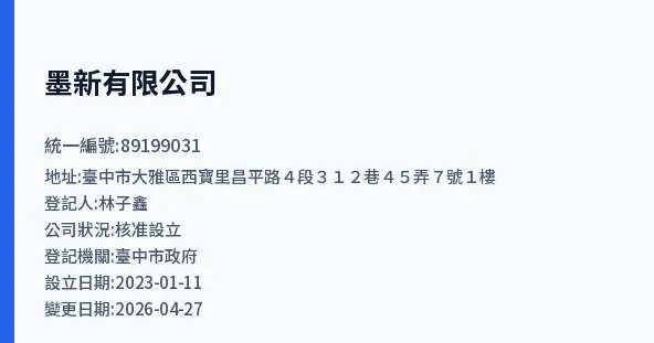墨新有限公司的照片-統編 89199031(臺中市) 公司登記資料與營業項目詳細圖表
